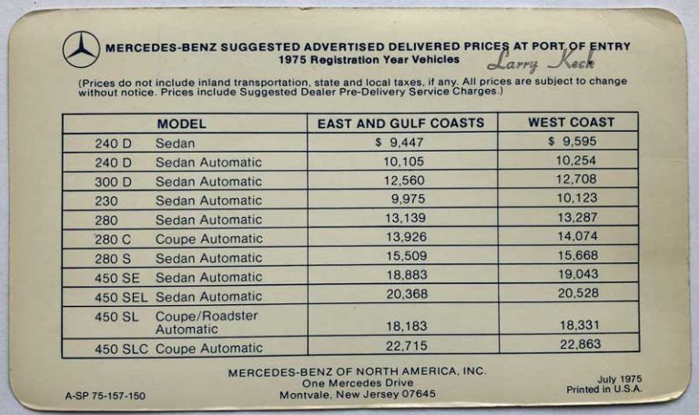 Mercedes Prices in 1975 - Original Mercedes Price List for Cars and ...