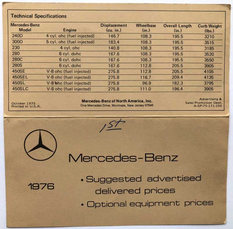 Mercedes Prices in 1976 – Original Mercedes Price List for Cars and ...