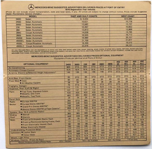 Mercedes Prices in 1976 – Original Mercedes Price List for Cars and ...