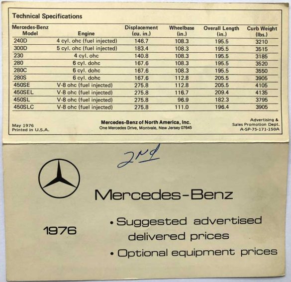 Mercedes Prices in 1976 – Original Mercedes Price List for Cars and ...